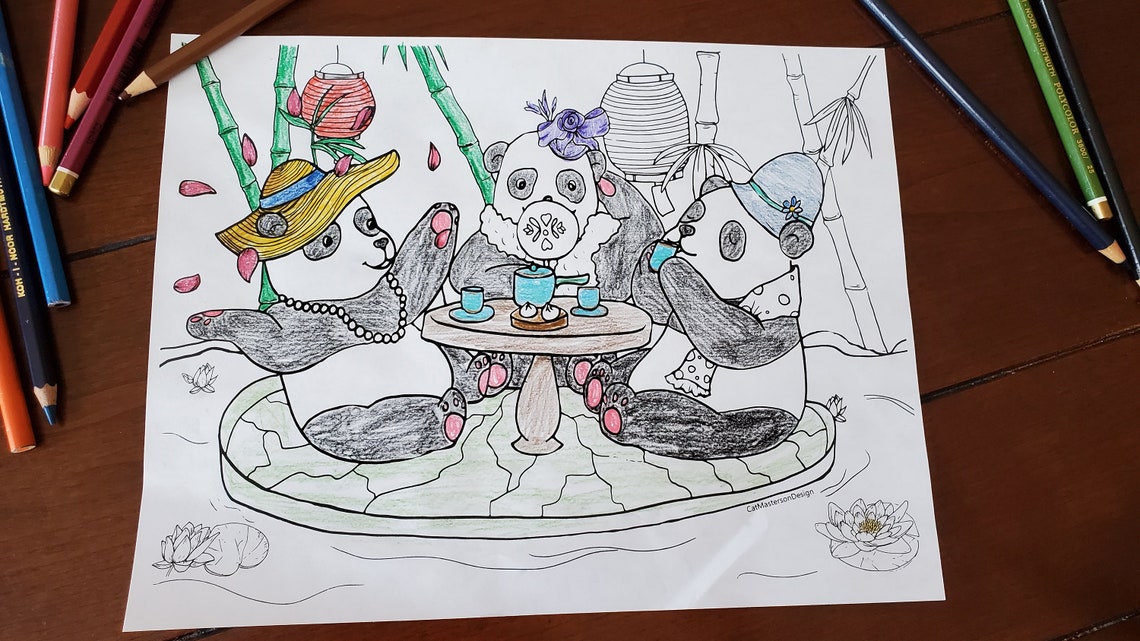 Whimsical Panda Tea Party Coloring Page - Digital Files - PNG and PDF ...