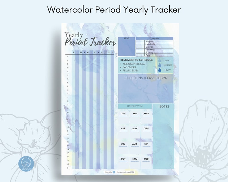 Printable Period Tracking Chart - Blue Watercolor Background - Calendar ...
