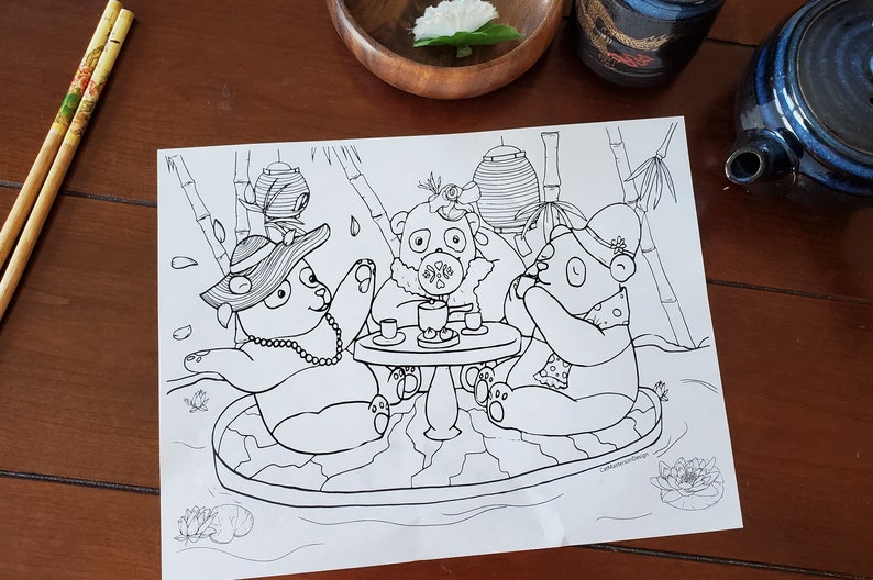 Whimsical Panda Tea Party Coloring Page Digital Files PNG and PDF ...