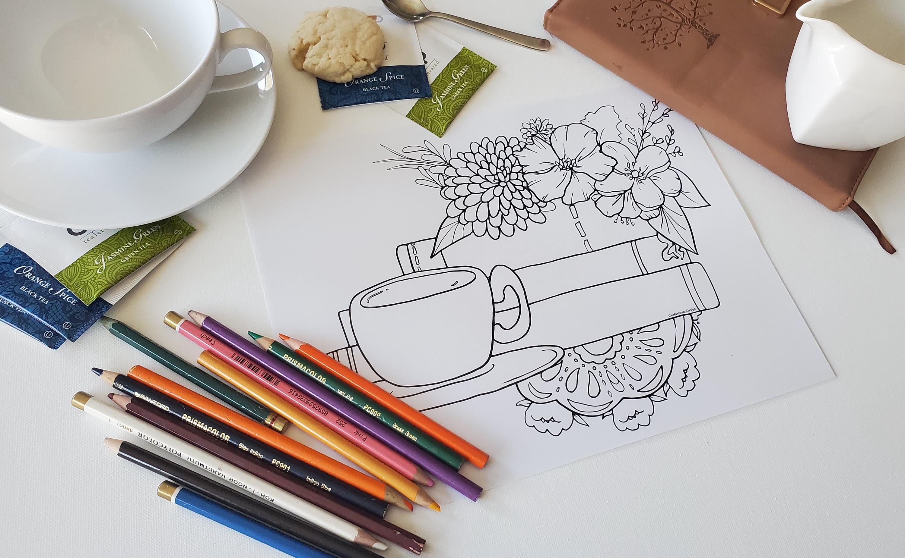 Books and Tea Coloring Page Digital Download PDF & PNG, Hand Drawn ...