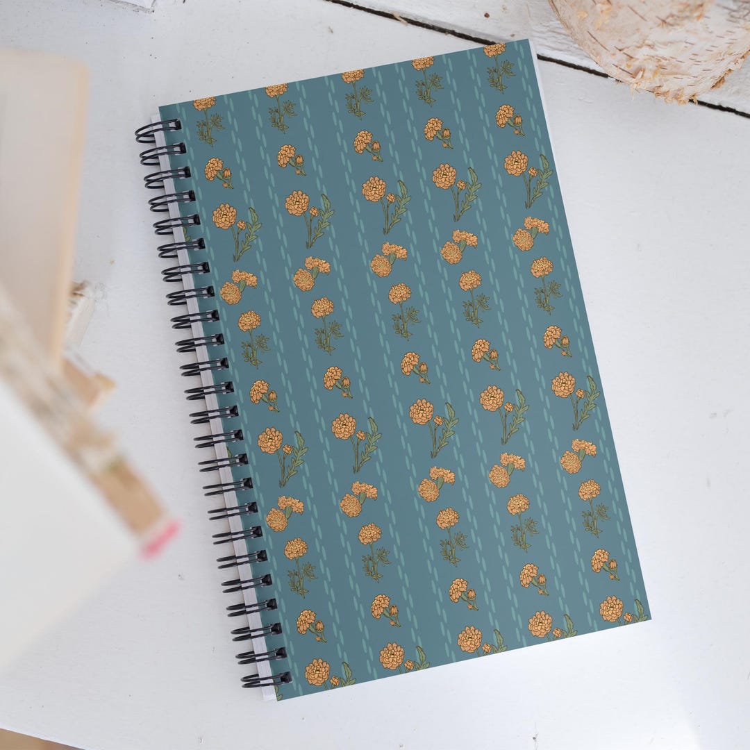 Fall Floral Spiral Notebook | Blue & Orange Marigold Pattern - Etsy