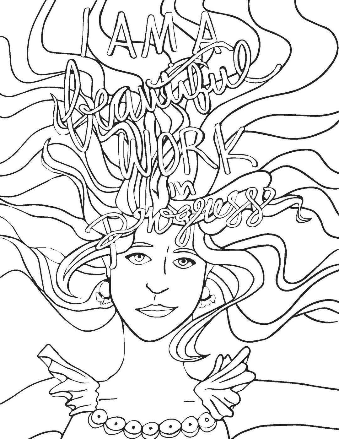 I Am Beautiful Coloring Page, Hand Drawn Beautiful Girl Design, Instant ...