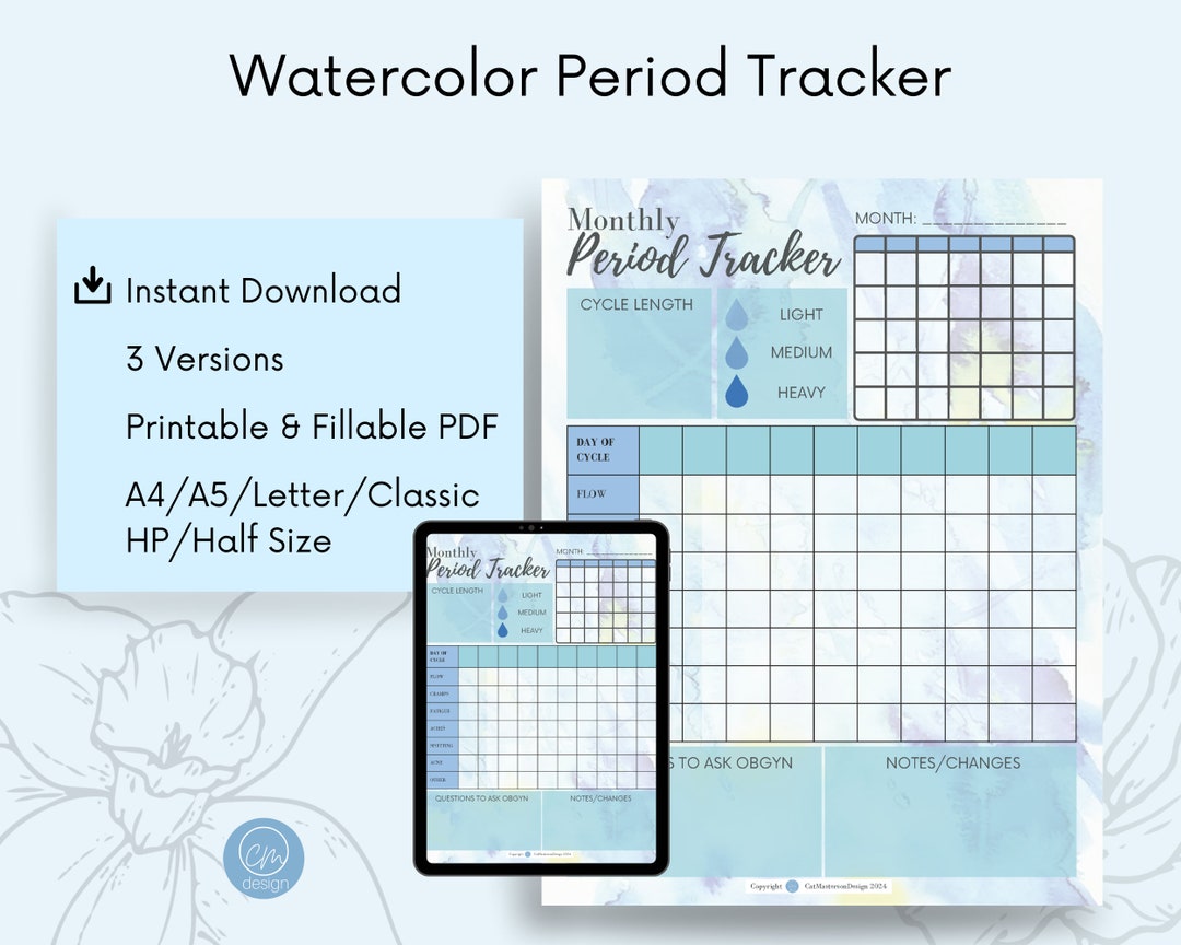 Printable Period Tracking Chart - Blue Watercolor Background - Calendar ...