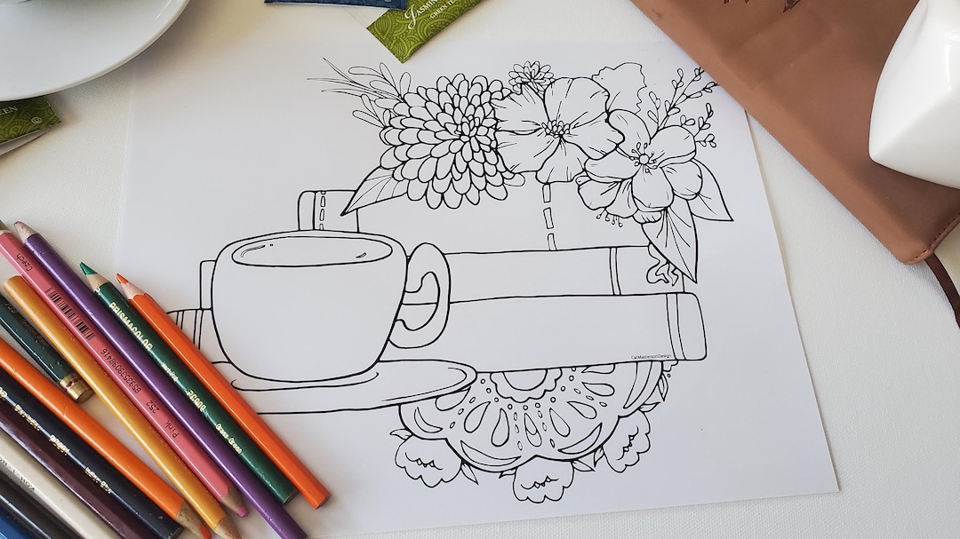 Books and Tea Coloring Page - Digital Download PDF & PNG, Hand Drawn ...