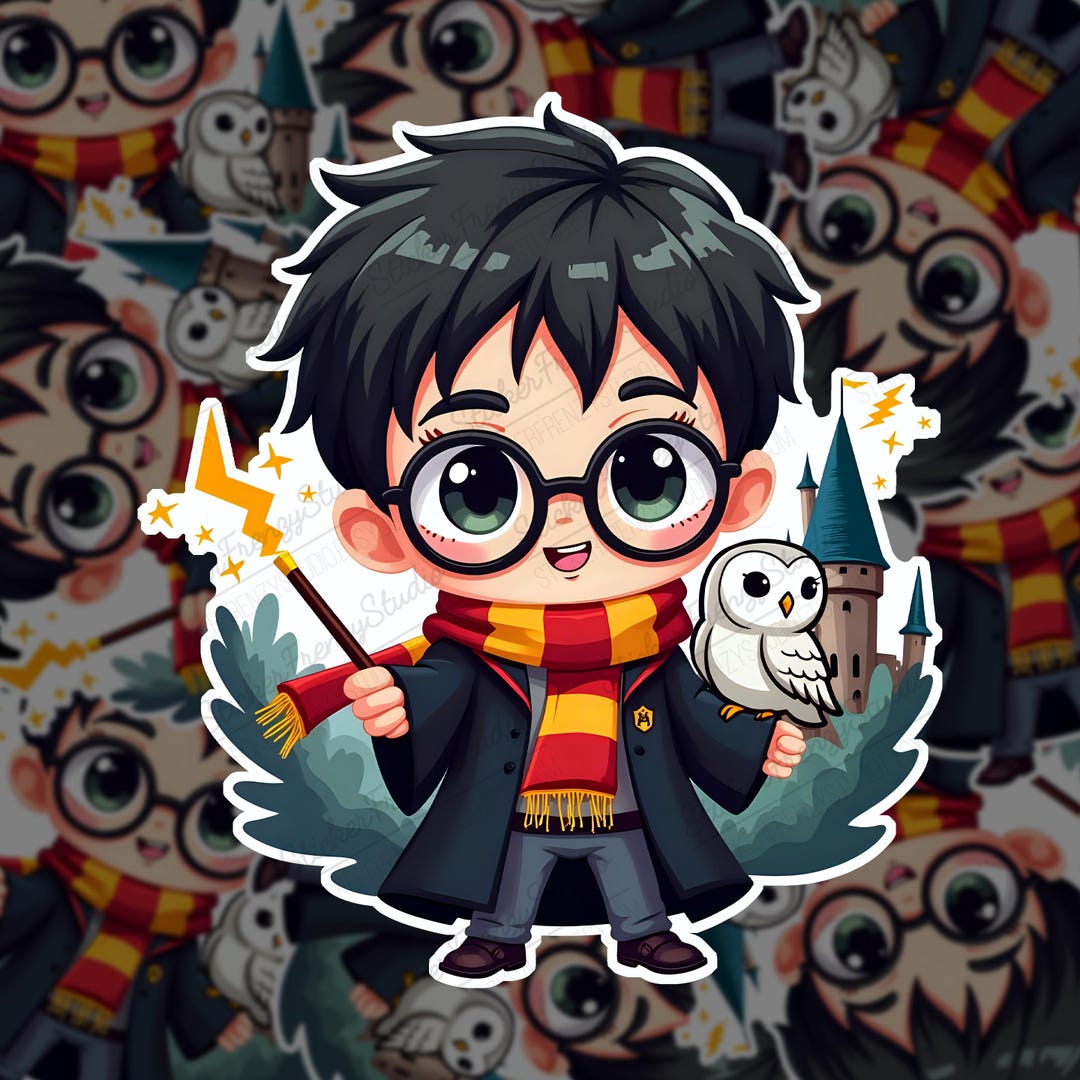 Adorable Chibi Harry Potter Sticker - Cute Gryffindor Scarf, Wand ...