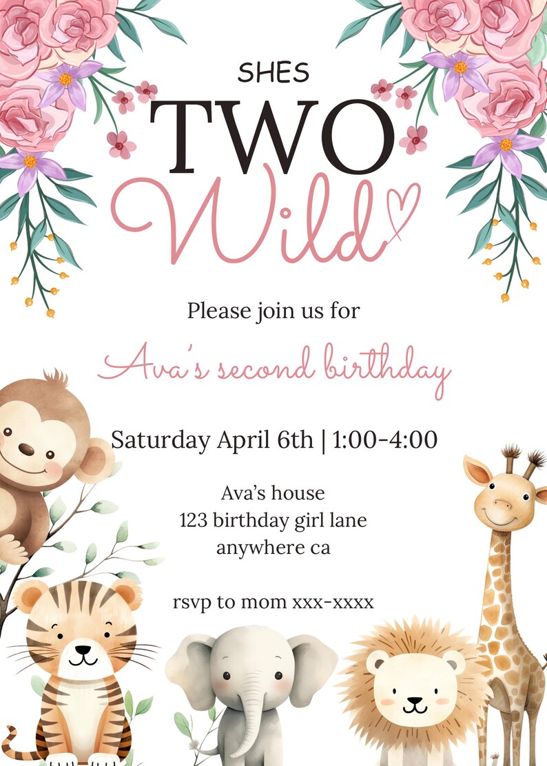 TWO Wild Invitation Template Girls Birthday Editable - Etsy