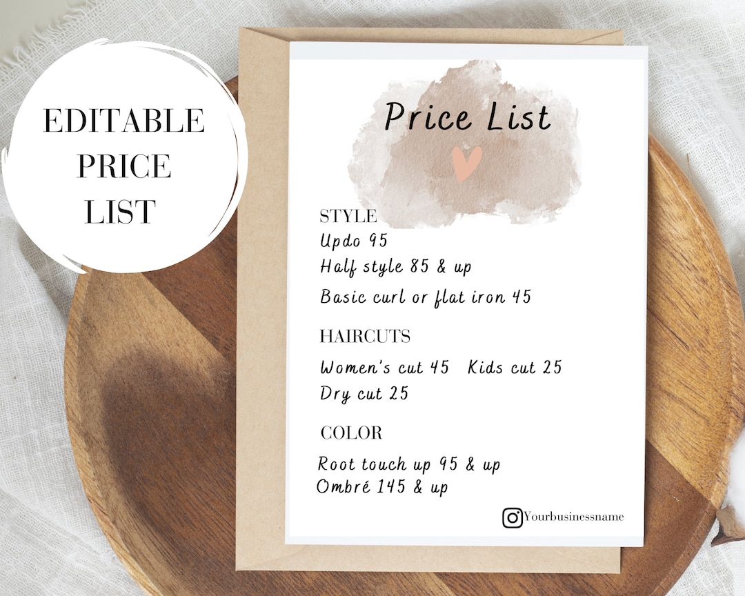 Price List - Editable Template - Printable Price Sheet - Etsy