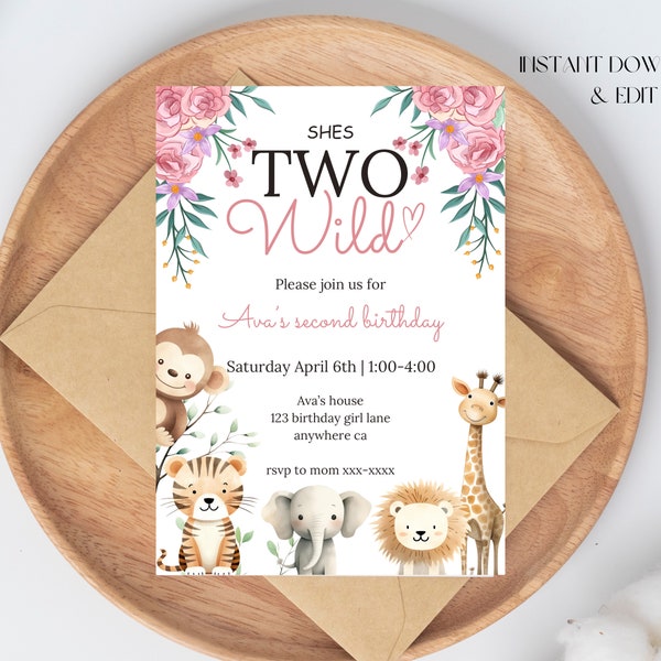 Two Wild Birthday Girl Invitation - Etsy