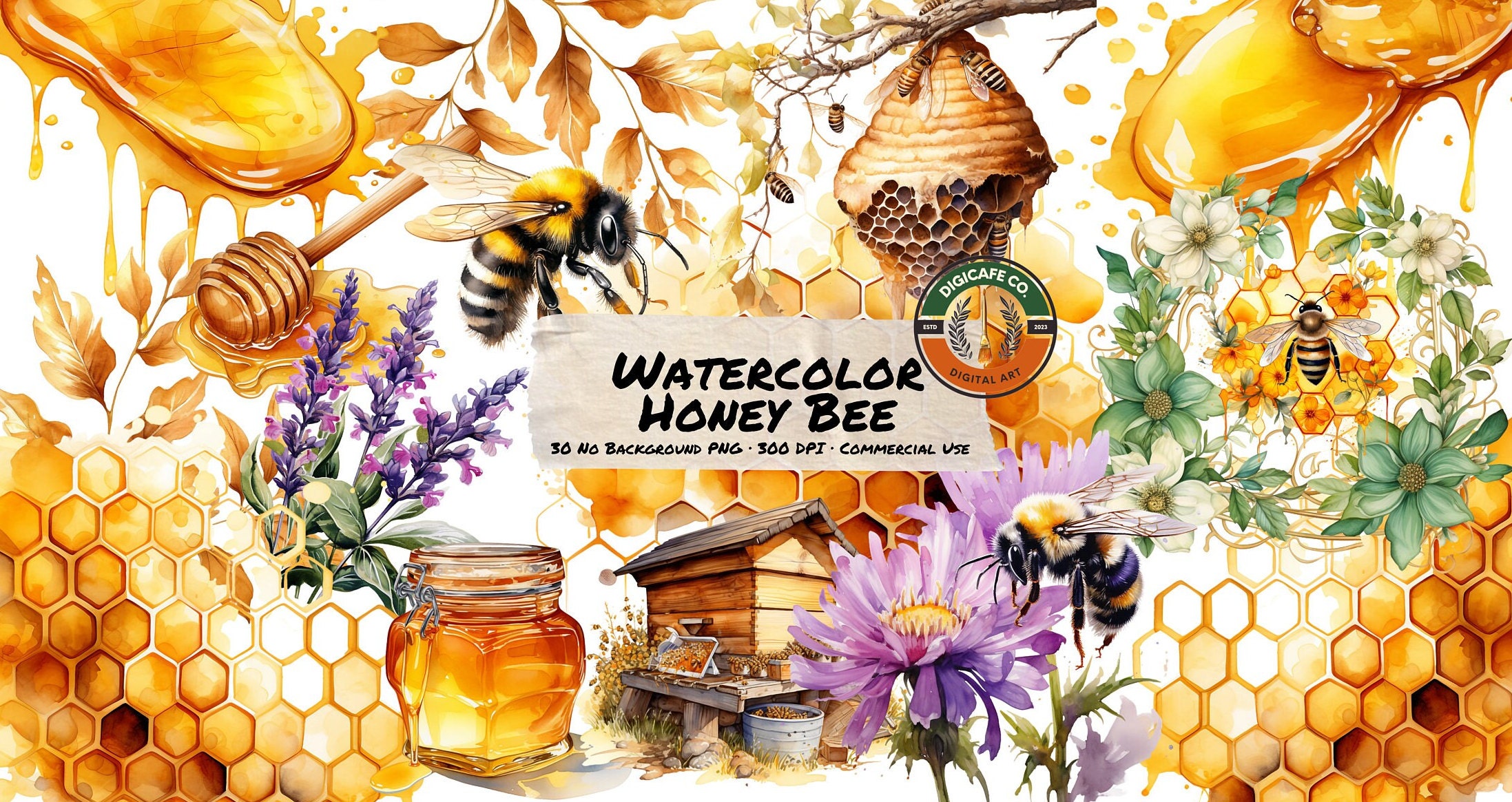 Watercolor Honey Bee Clipart - Spring Garden, Bee Honey Drips, Beehive ...