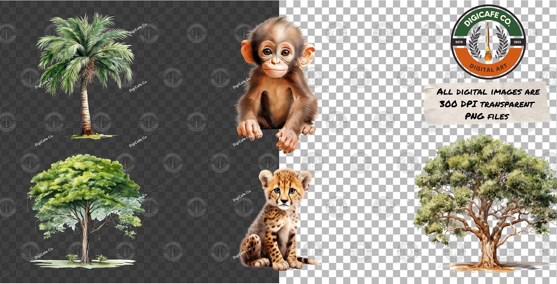 Watercolor Safari Animals Clipart - Jungle, Animal, Trees, Wild ...