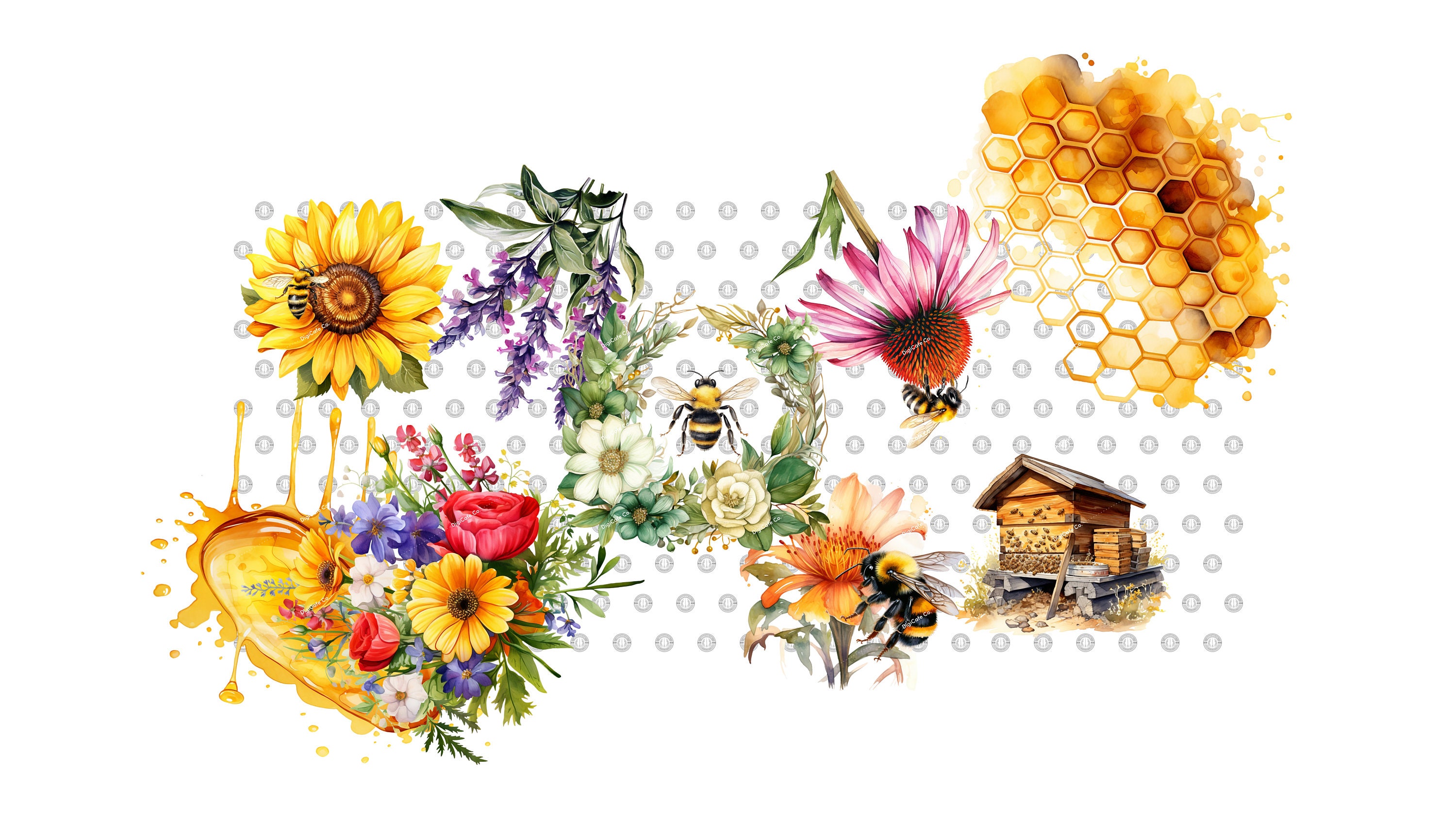 Watercolor Honey Bee Clipart - Spring Garden, Bee Honey Drips, Beehive ...