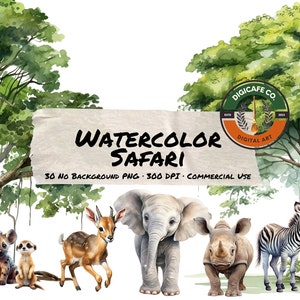 Watercolor Safari Animals Clipart - Jungle, Animal, Trees, Wild ...