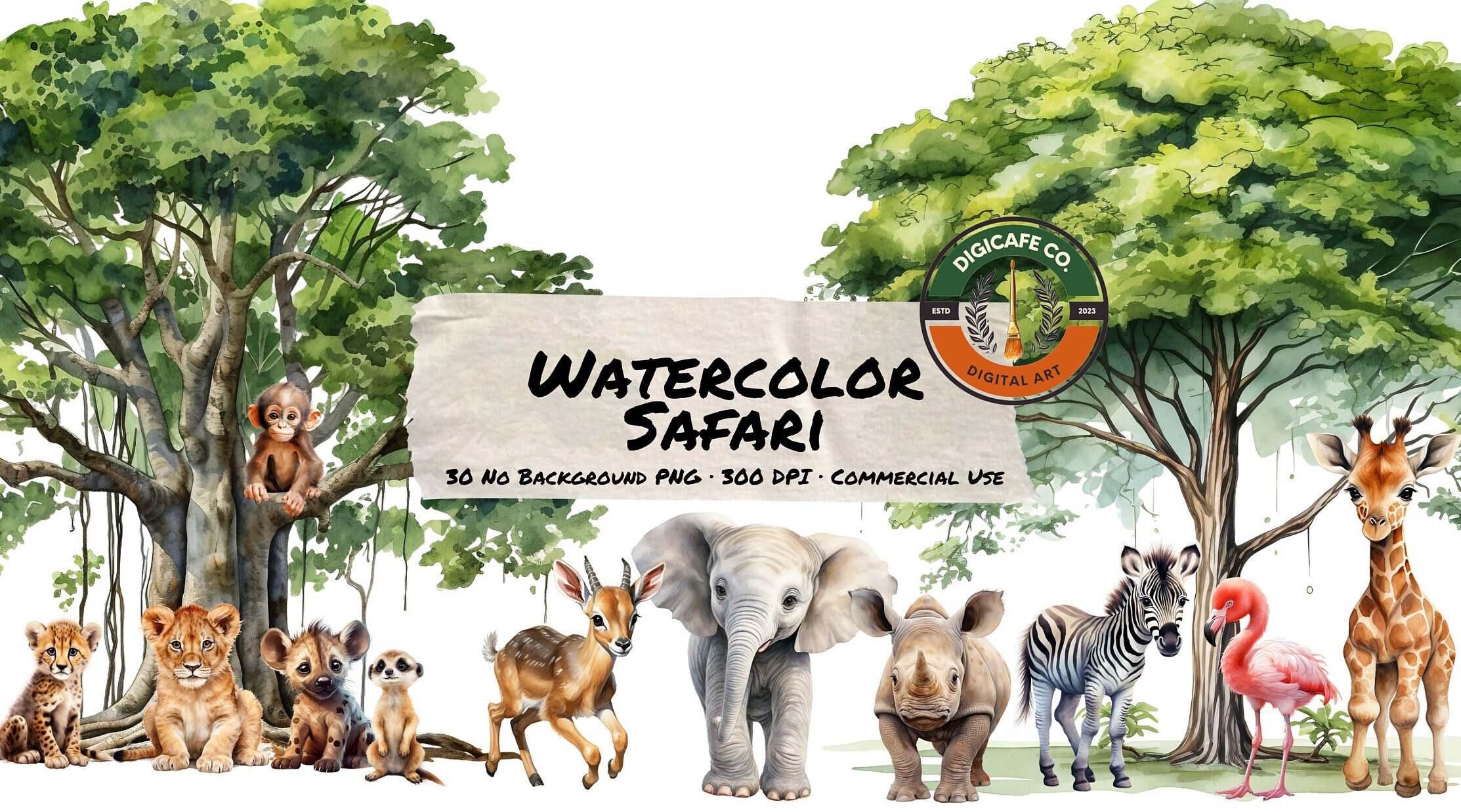 Watercolor Safari Animals Clipart - Jungle, Animal, Trees, Wild ...