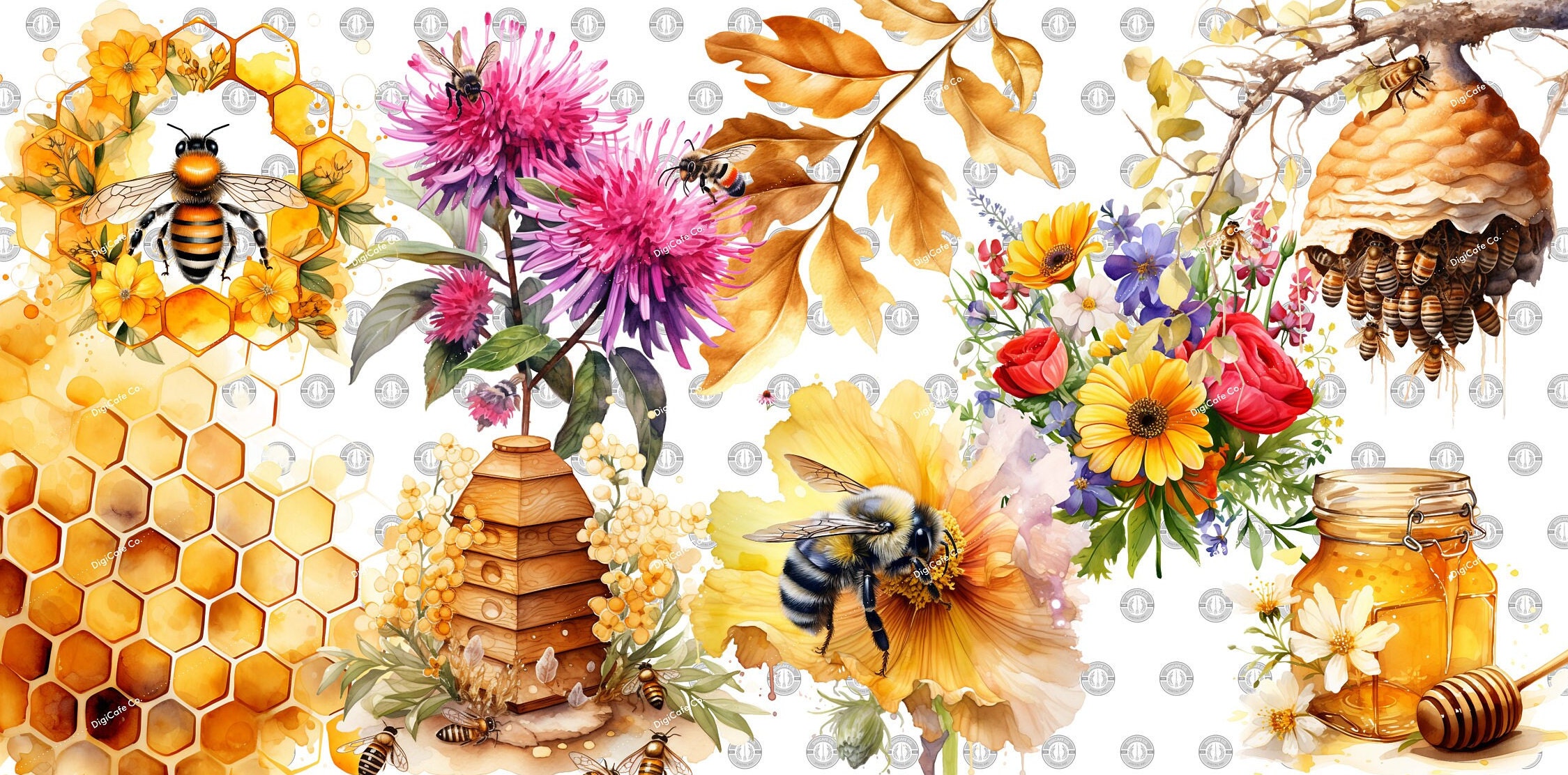 Watercolor Honey Bee Clipart - Spring Garden, Bee Honey Drips, Beehive ...