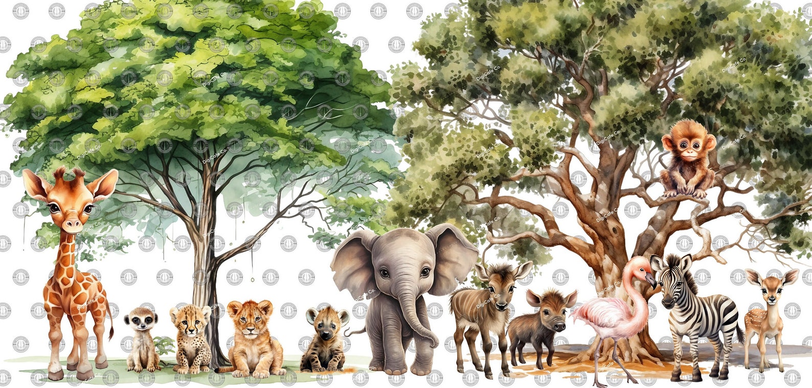 Watercolor Safari Animals Clipart - Jungle, Animal, Trees, Wild ...