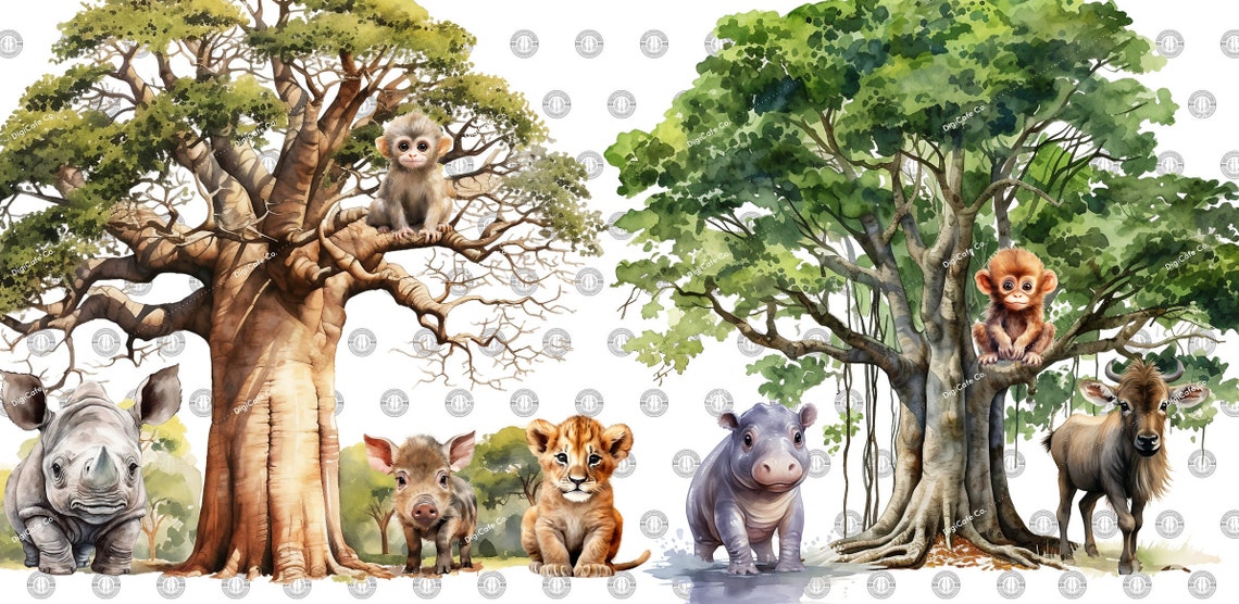 Watercolor Safari Animals Clipart - Jungle, Animal, Trees, Wild ...