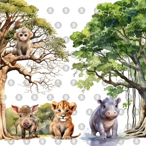 Watercolor Safari Animals Clipart - Jungle, Animal, Trees, Wild ...