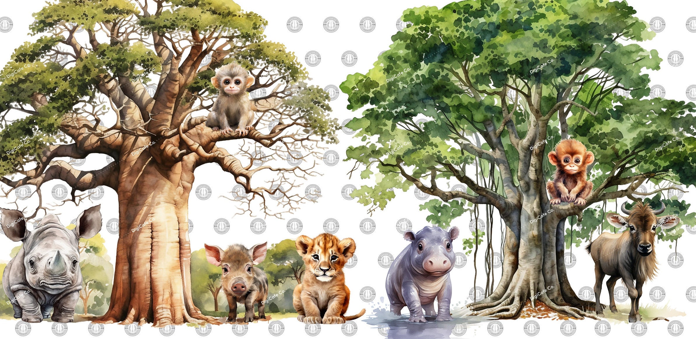 Watercolor Safari Animals Clipart - Jungle, Animal, Trees, Wild ...