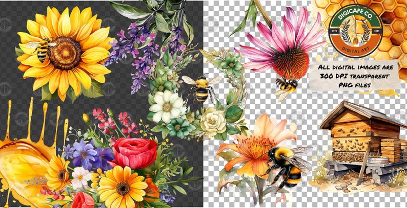 Watercolor Honey Bee Clipart - Spring Garden, Bee Honey Drips, Beehive ...