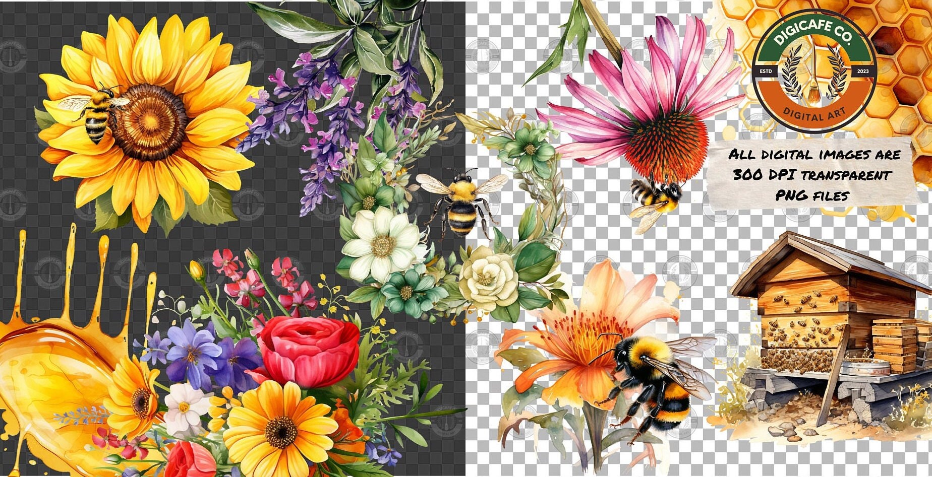 Watercolor Honey Bee Clipart - Spring Garden, Bee Honey Drips, Beehive ...