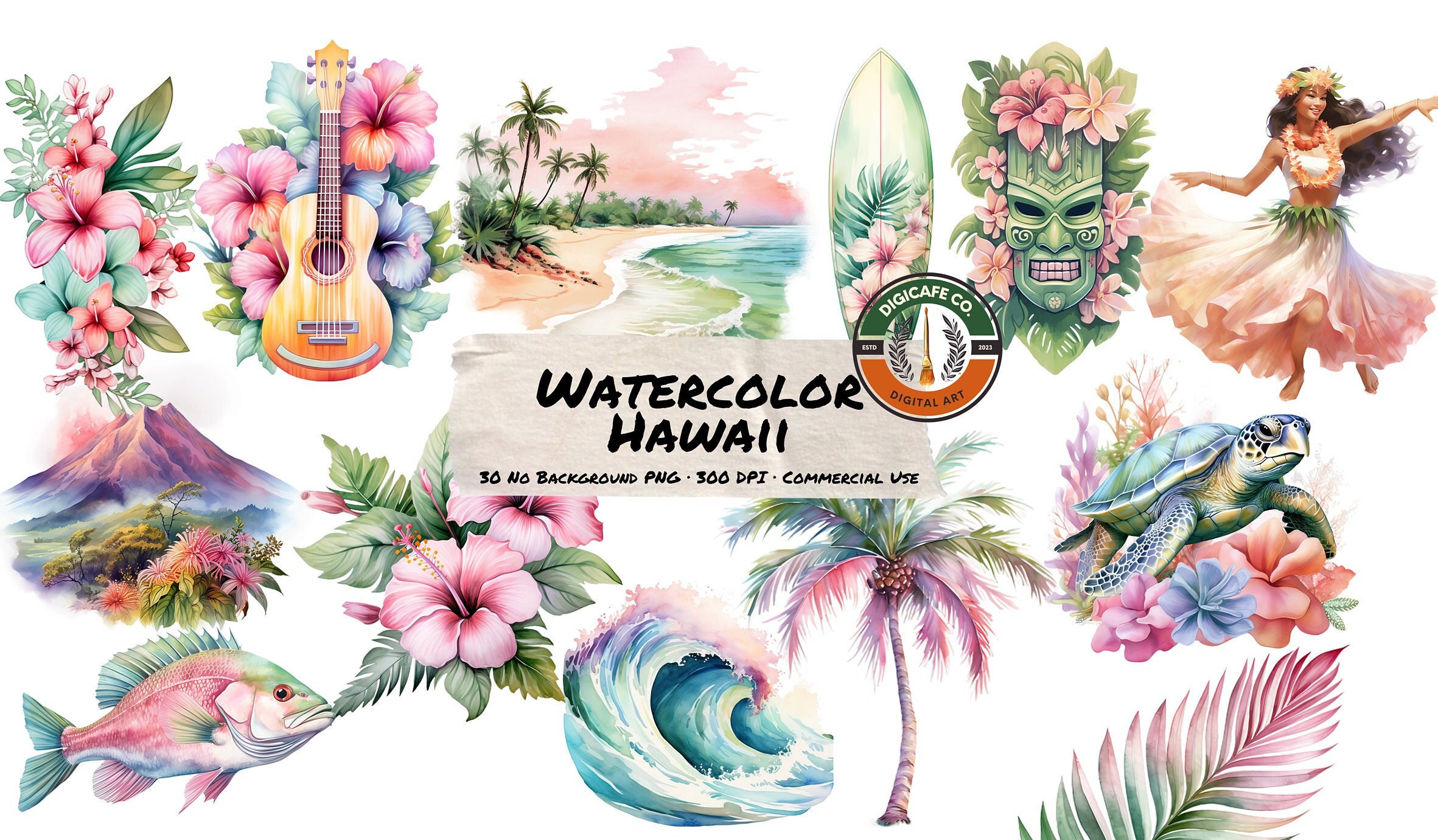 Watercolor Hawaii Clipart Travel Surfing Summer Vacation - Etsy