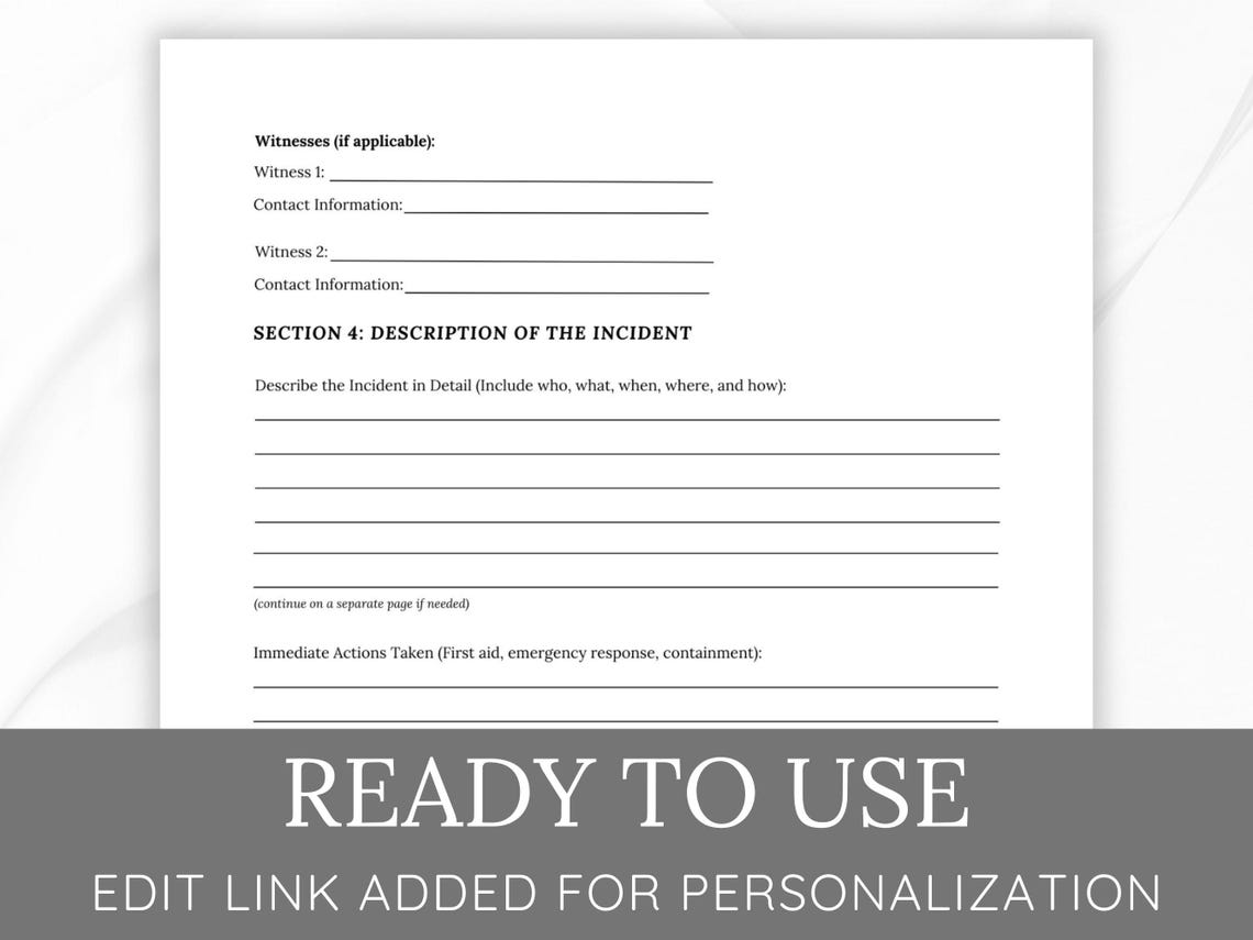 Editable Incident Report Form Template: Workplace Safety (PDF) - Etsy