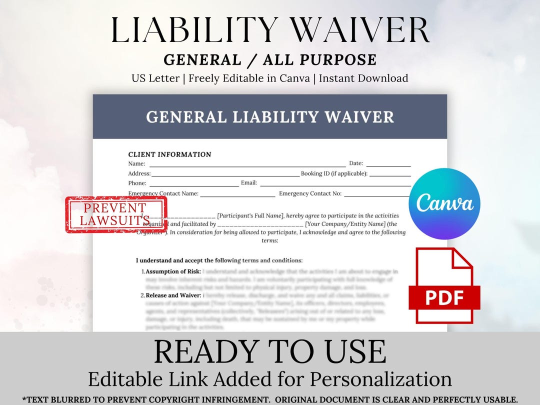 Editable General Liability Waiver Template, Printable All-purpose ...