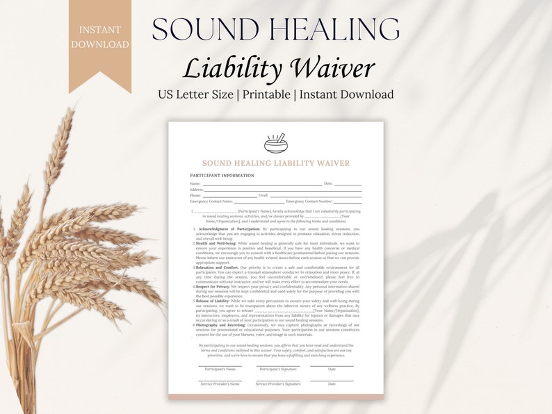Sound Healing Liability Waiver, Sound Healing Consent Form, Client ...