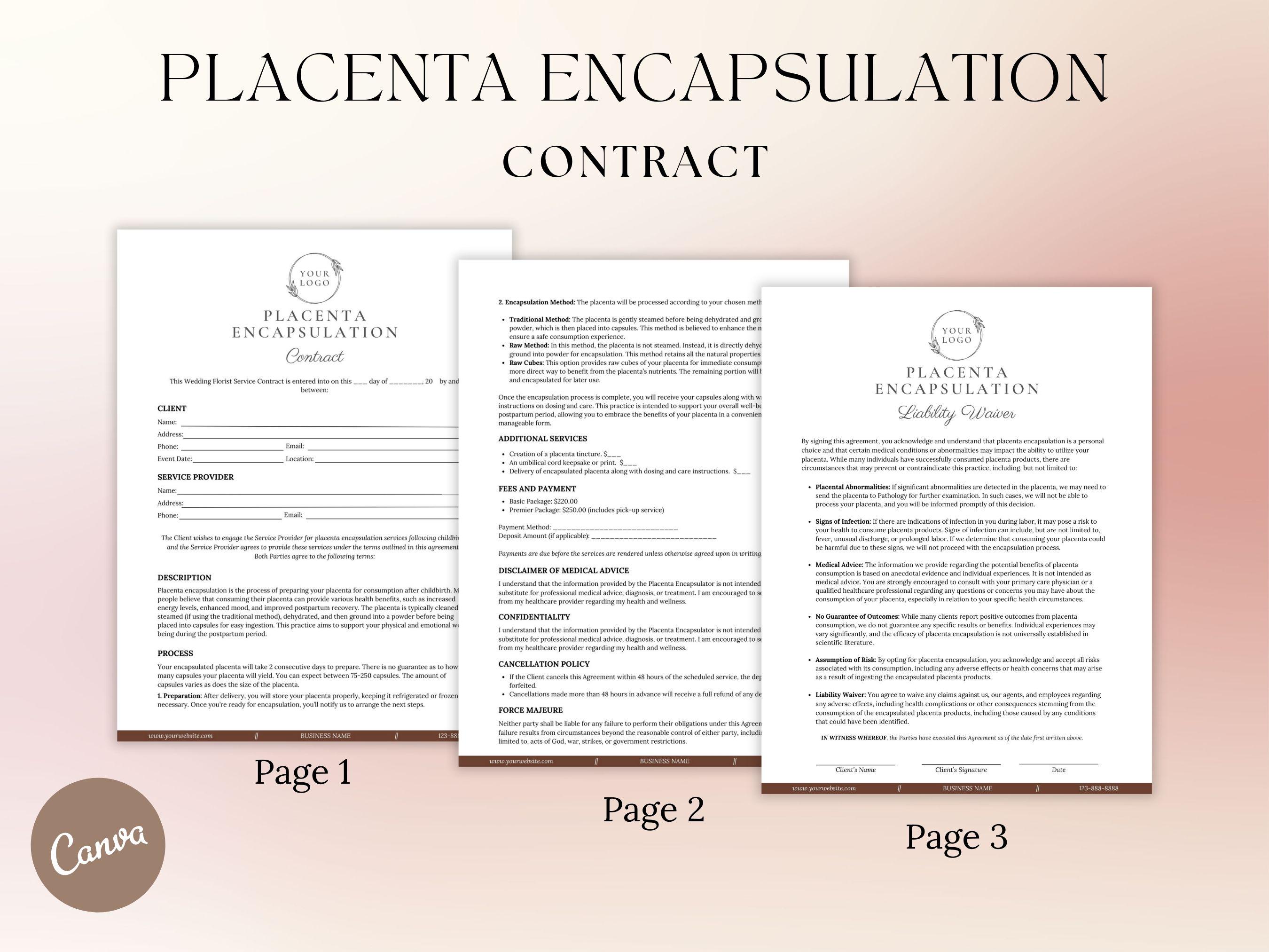 Placenta Encapsulation Contract & Waiver, Birth Doula Forms ...