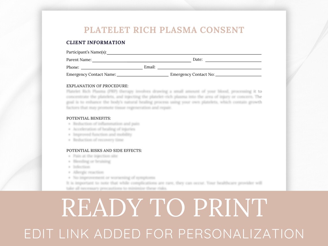 PRP Consent Form & Liability Waiver Template (digital Download) - Etsy
