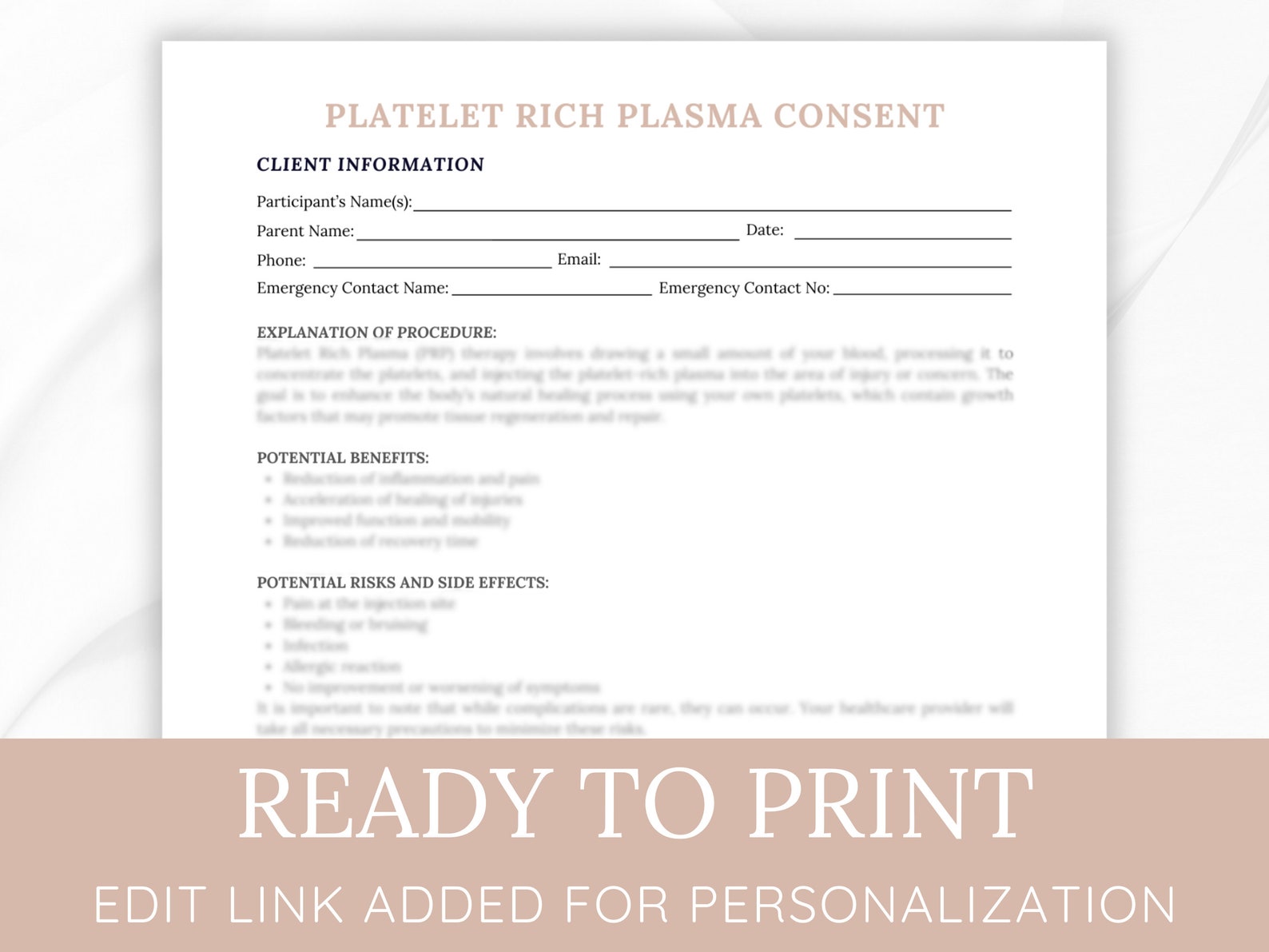 PRP Consent Form & Liability Waiver Template (digital Download) - Etsy