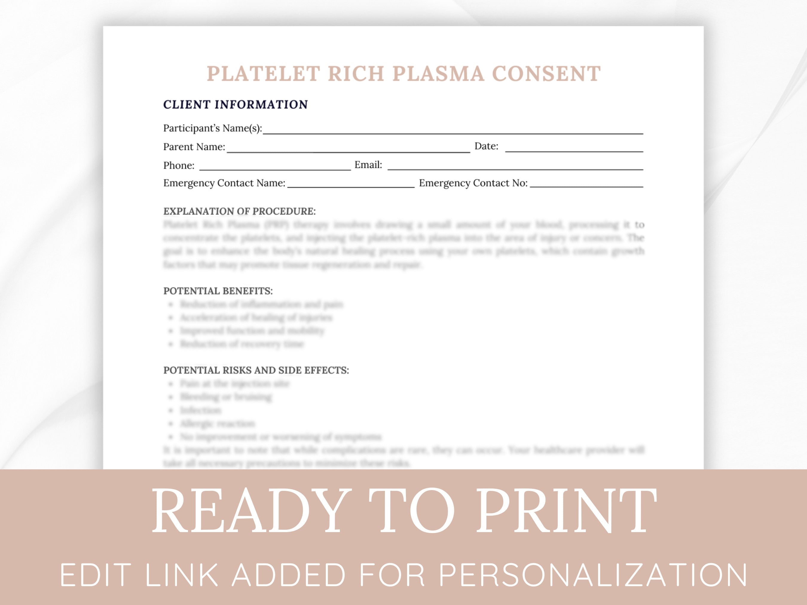 Platelet Rich Plasma Consent Form, PRP Liability Waiver, PRP Legal ...