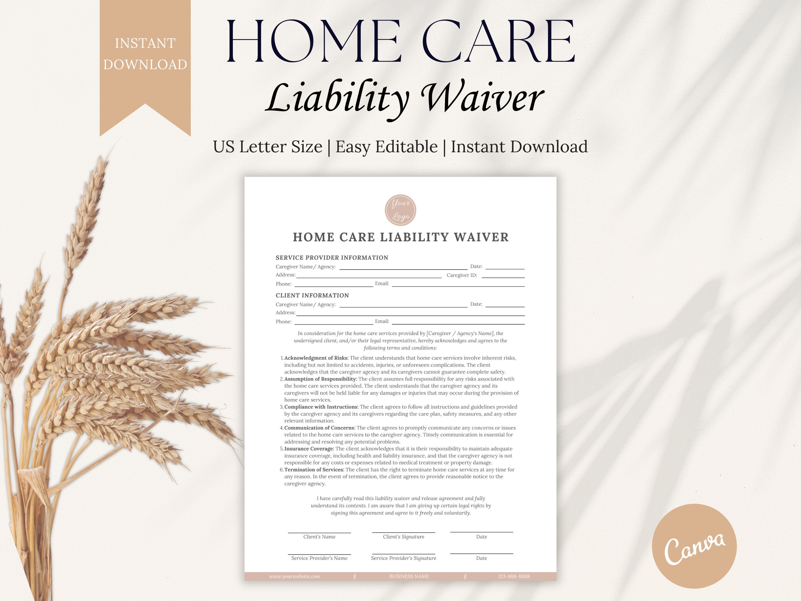 Home Care Liability Waiver, Adult Caregiver Release of Liability, Non ...