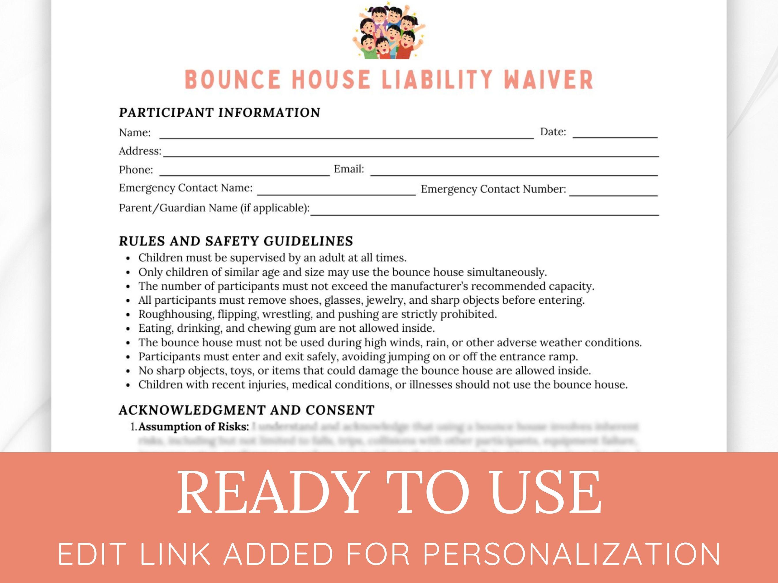 Bounce House Rental Liability Waiver, Inflatable Business Waiver, Can ...