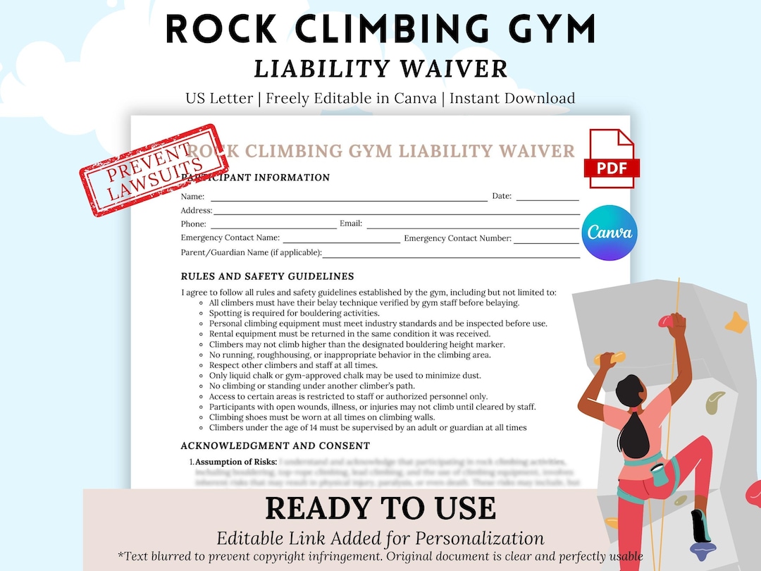 Printable Rock Climbing Gym Liability Waiver, Indoor Climbing Gym ...