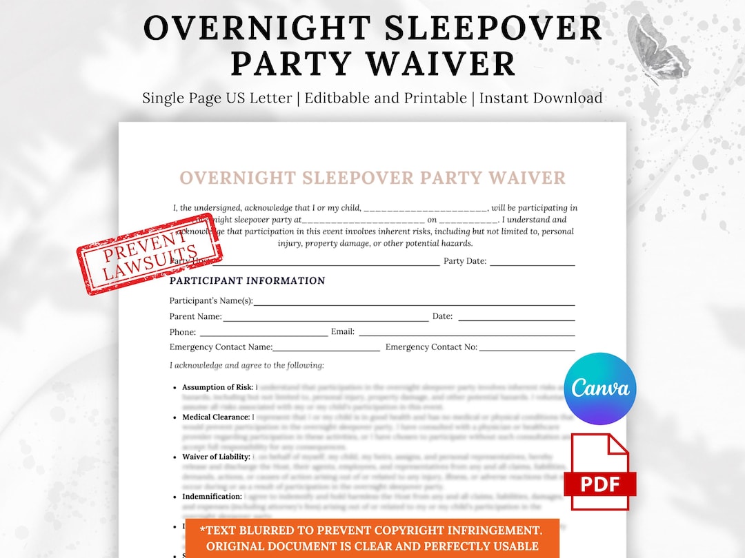 Kids Sleepover Party Waiver Template: Editable Consent Form (digital ...