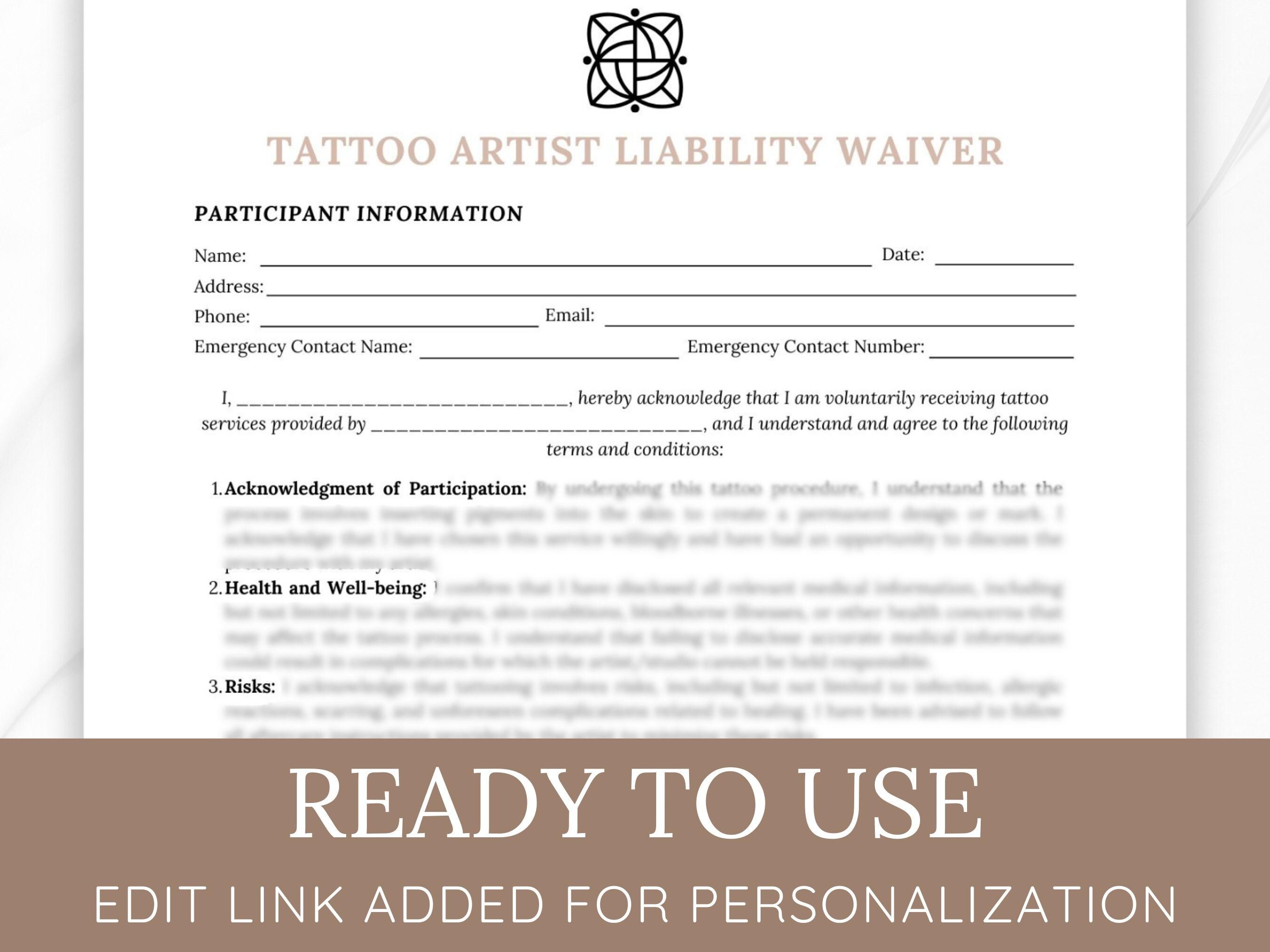 Tattoo Artist Liability Waiver, Tattoo Consent & Release Form, Client ...