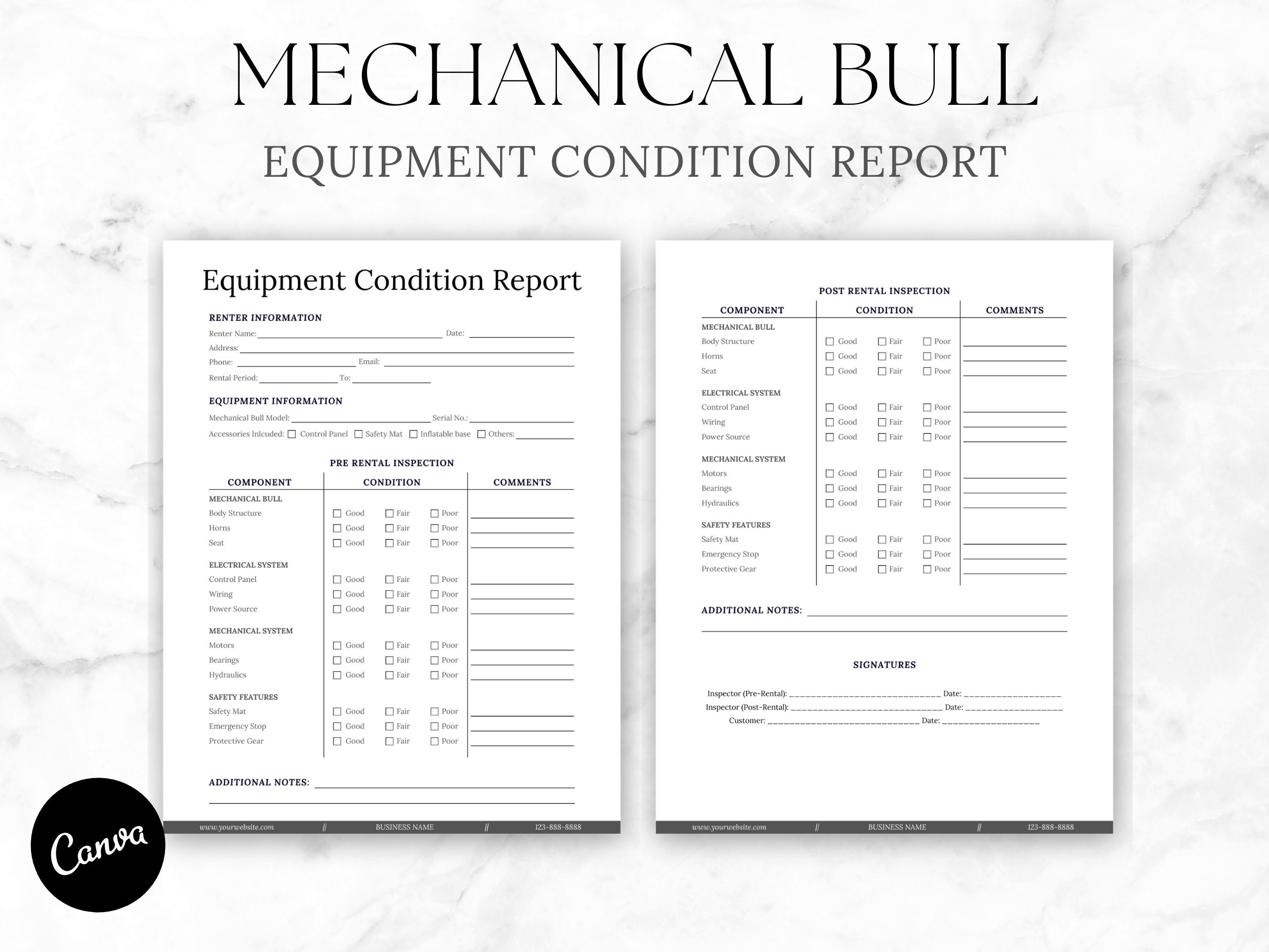 Mechanical Bull Rental Agreement Template, Equipment Condition Report ...