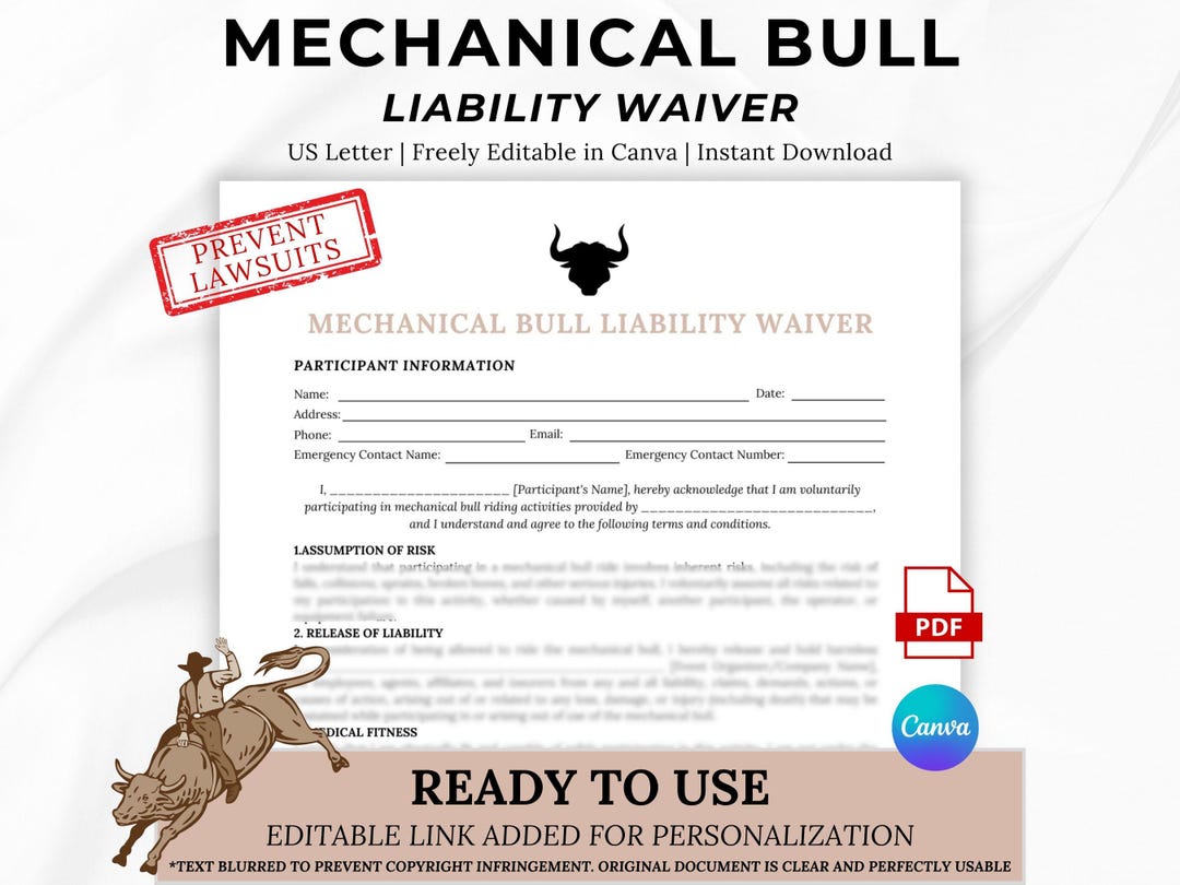 Mechanical Bull Waiver Template: Editable Ride Release Form (canva ...