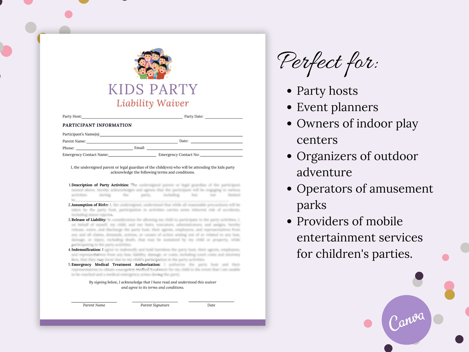 Kids Party Liability Waiver Template: Editable Parent Consent Form ...