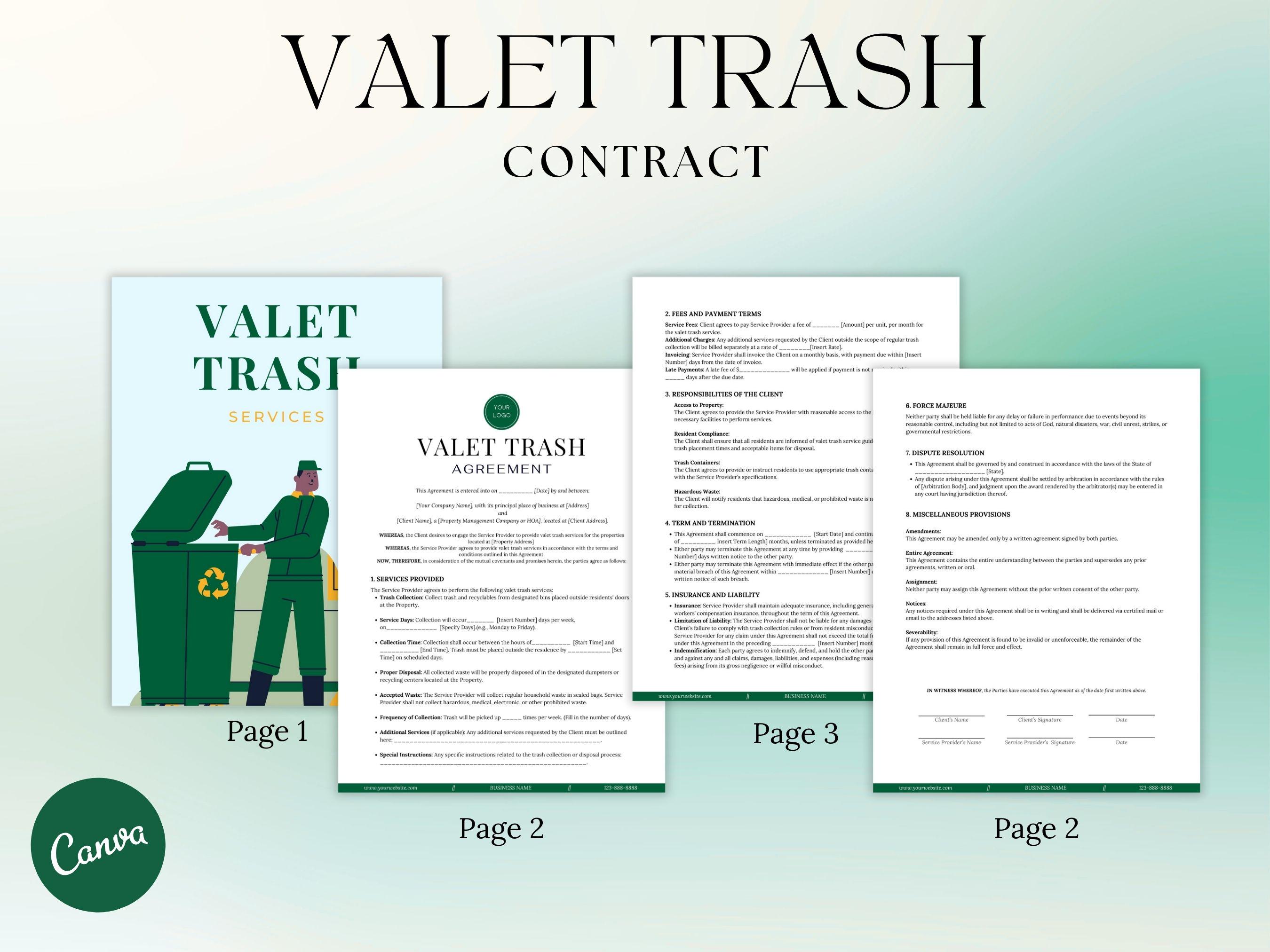 Valet Trash Contract Template: HOA & Apartment Services (digital ...