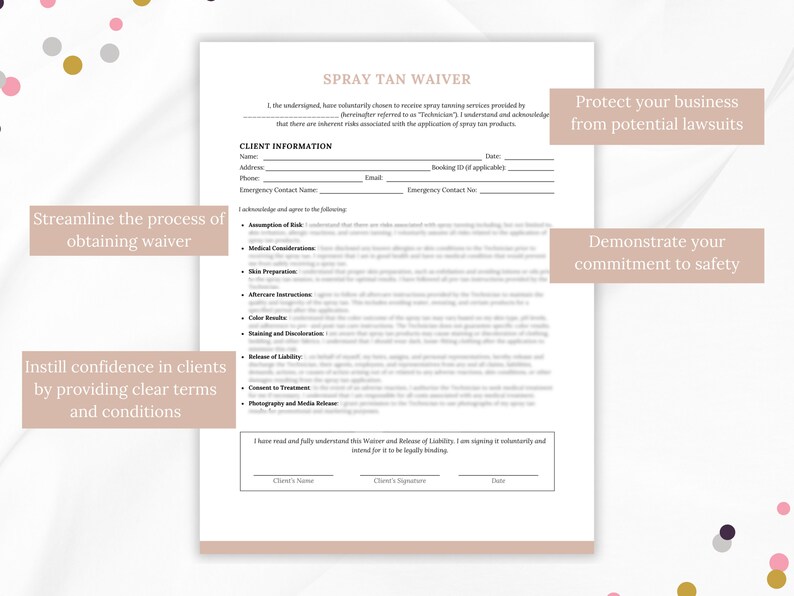 Spray Tan Liability Waiver, Spray Tan Consent Form, Assumption of Risks ...