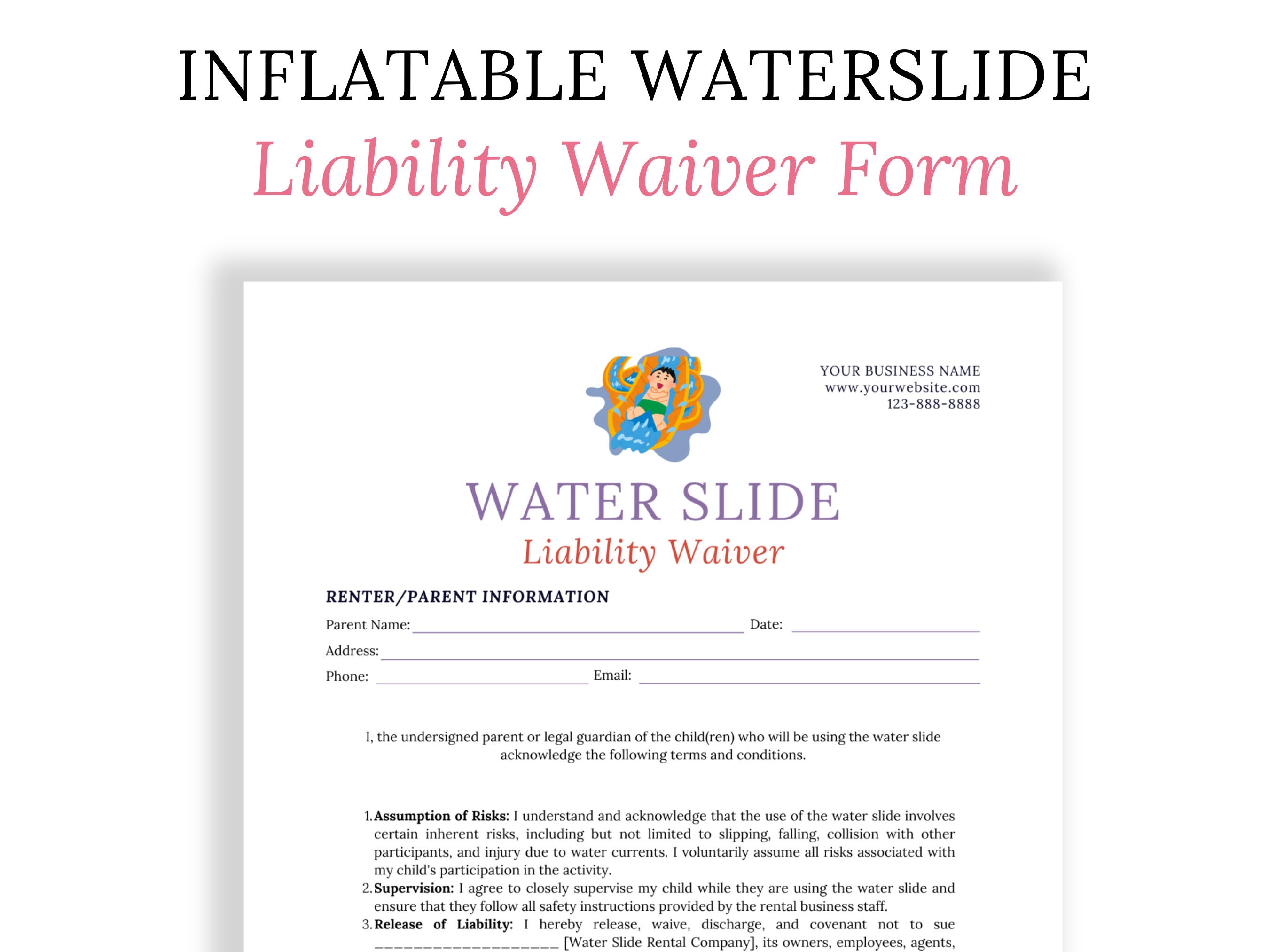 Inflatable Water Slide Rental Contract and Liability Waiver, Waterslide ...
