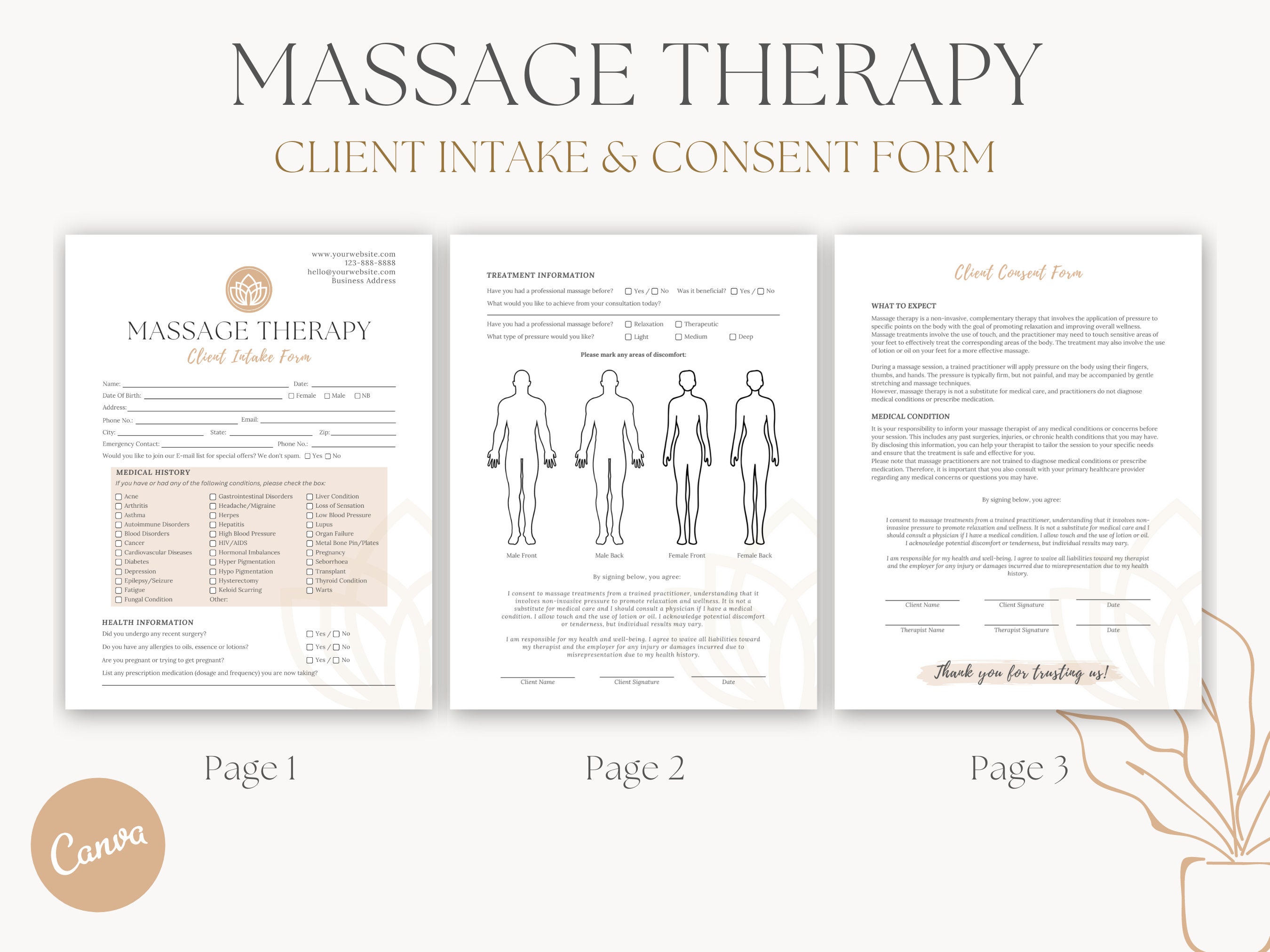 Professional Massage Therapy Forms Bundle, Massage Therapist Contract ...