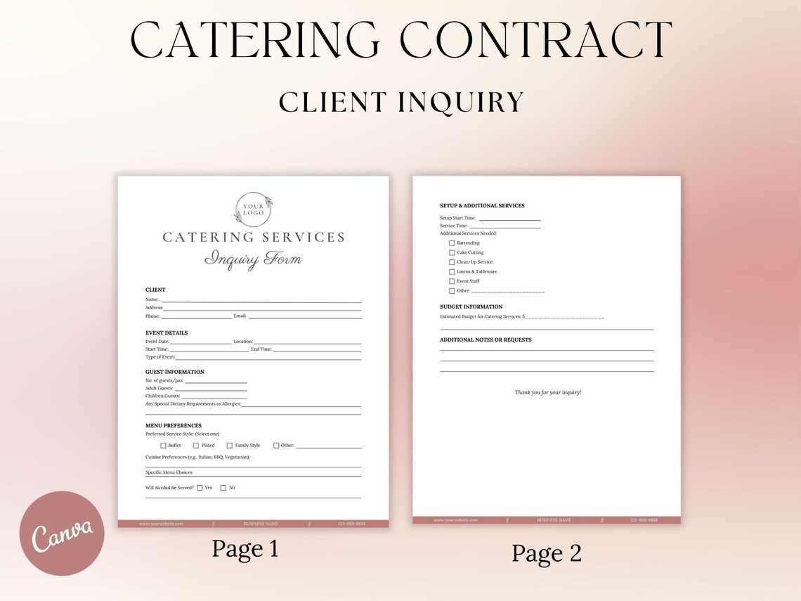 Editable Catering Contract Template: Catering Forms Bundle (canva, US ...