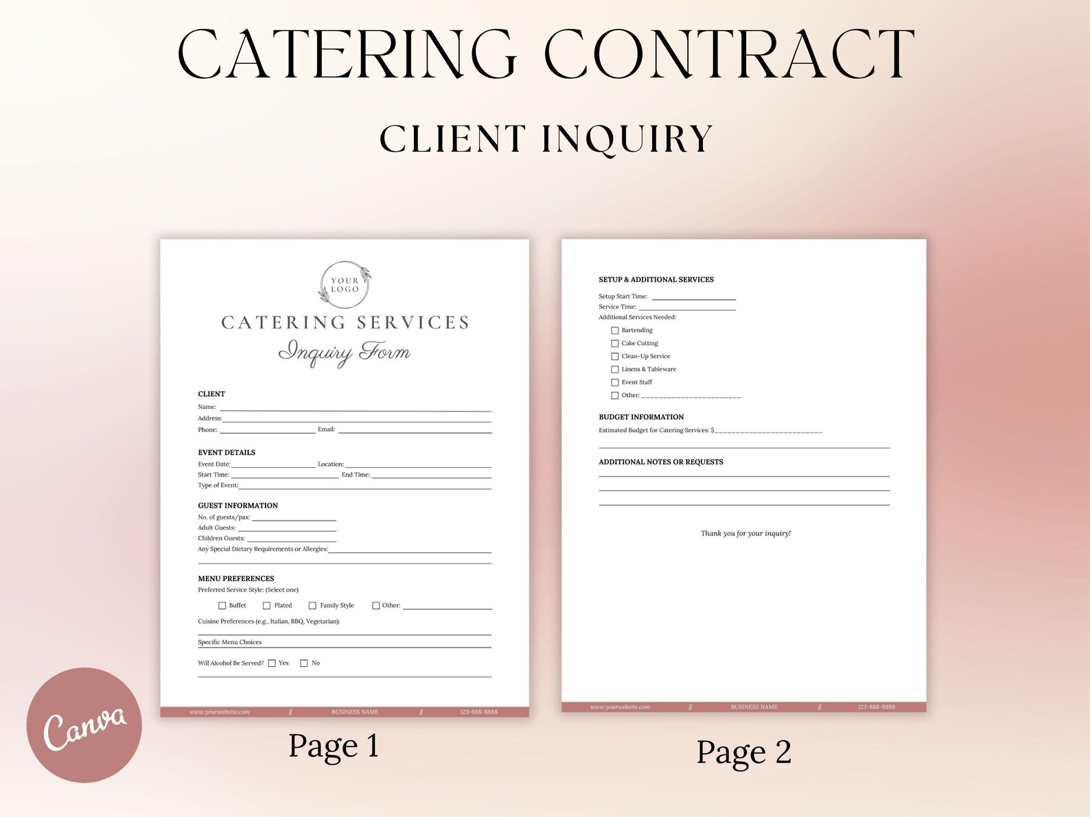 Editable Catering Contract Template: Catering Forms Bundle (canva, US ...
