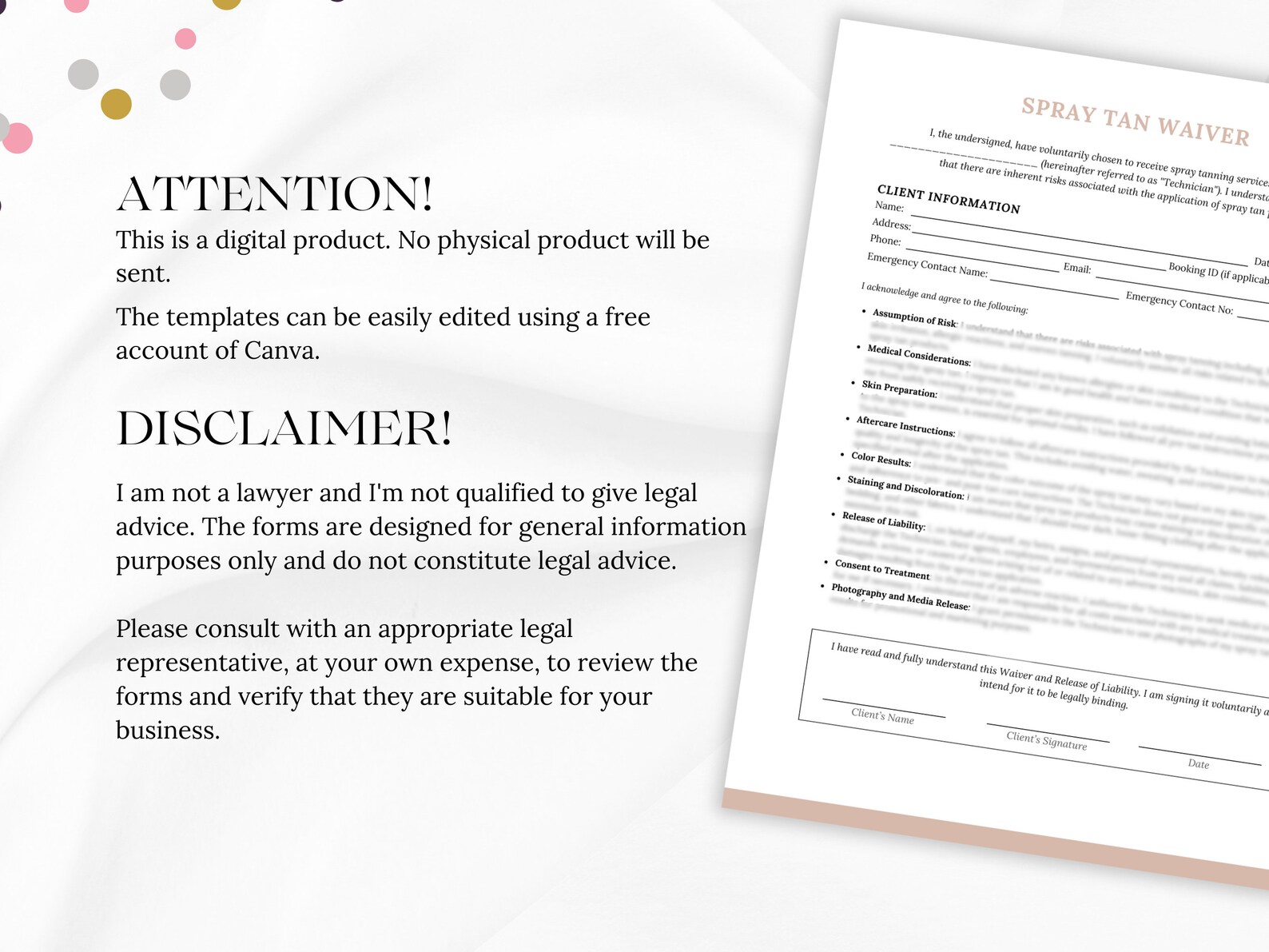 Spray Tan Liability Waiver, Spray Tan Consent Form, Assumption of Risks ...