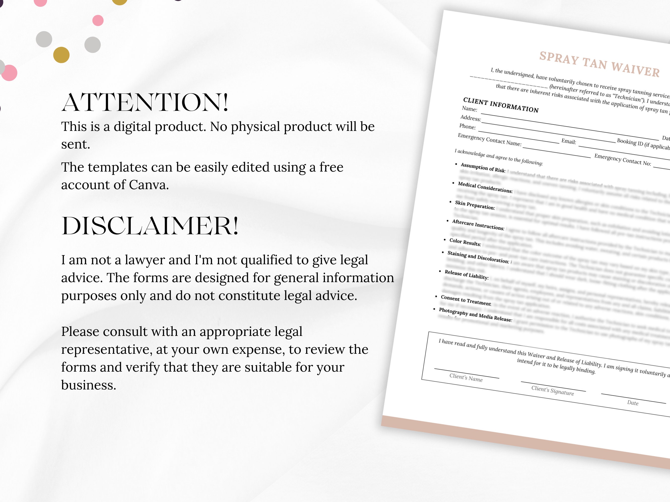 Spray Tan Liability Waiver, Spray Tan Consent Form, Assumption of Risks ...