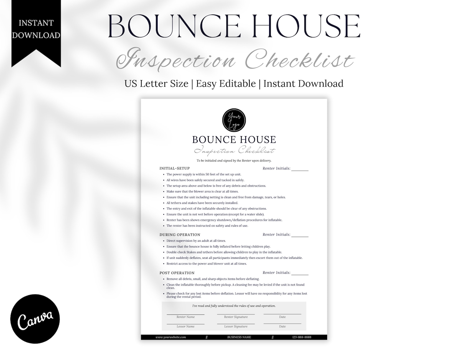 Editable Bounce House Inspection Checklist: Rental Business Form ...
