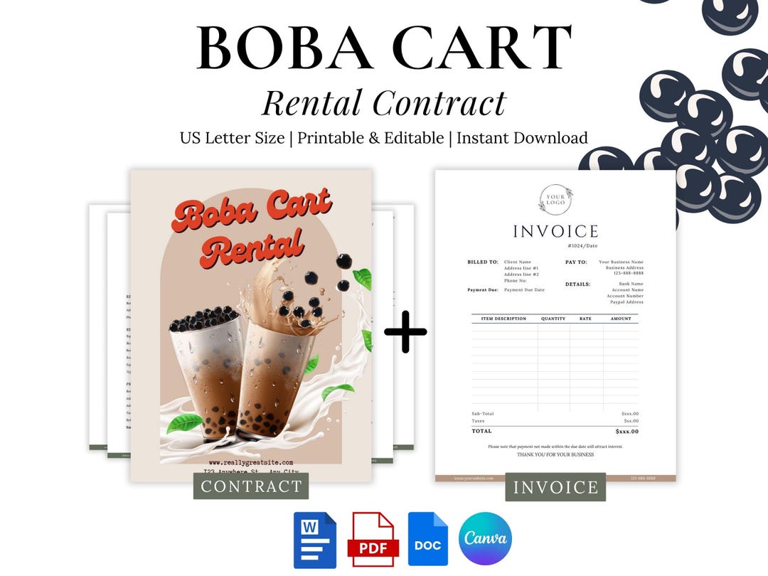 Editable Boba Cart Rental Contract Template: Canva PDF (US Letter Size ...